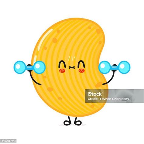아령을 가진 귀여운 재미있는 칩 캐릭터 벡터 손으로 그린 만화 Kawaii 캐릭터 그림 아이콘입니다 흰색 배경에 격리 크리스프 캐릭터 체육관 개념 Salty Snack에
