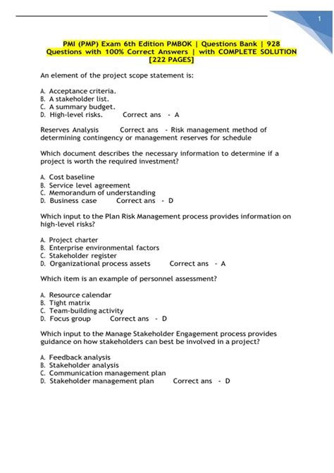 Pmi Pmp Exam 6th Edition Pmbok Questions Bank 928questions With 100 Correct Answers