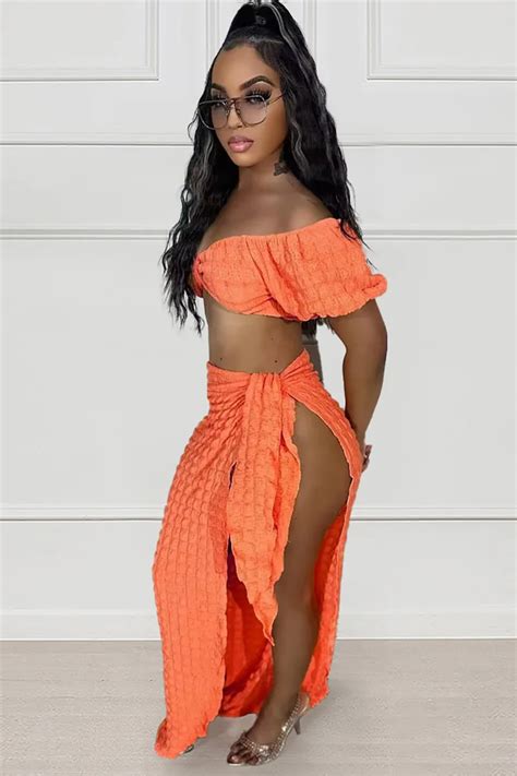 Textured Deep V Neck Puff Sleeve Crop Top High Slit Tie Up Maxi Skirt