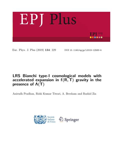 Pdf Lrs Bianchi Type I Cosmological Models With Accelerated Expansion In Fr T Gravity In