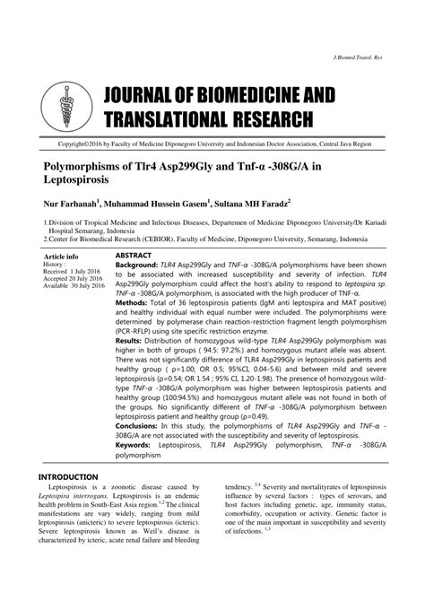 Pdf Polymorphisms Of Tlr4 Asp299gly And Tnf α 308g A In Leptospirosis