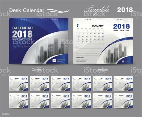 桌子上的日曆 2018年範本設計藍色的封面設置的 12 個月日曆的經營理念向量圖形及更多12號圖片 12號 2018 一月 Istock
