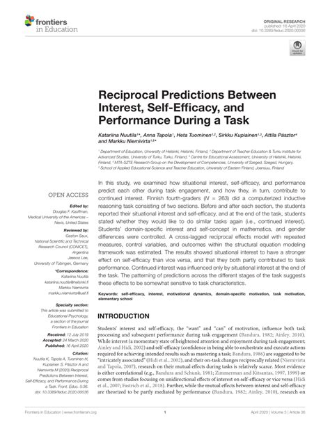 Pdf Reciprocal Predictions Between Interest Self Efficacy And Performance During A Task