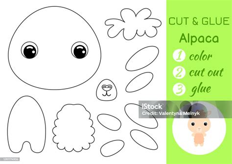 색칠 공부 는 아기 알파카를 잘라 접착제 유치원 어린이를위한 교육 종이 게임 워크시트를 잘라내고 붙여넣습니다 종이에 색상 절단 부품 및 접착제 벡터 그림입니다 0명에 대한