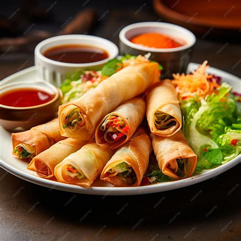 Premium Ai Image Fried Vegetable Spring Rolls With Sweet Chili And