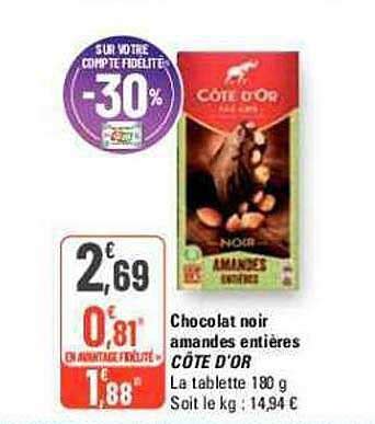 Promo Chocolat Noir Amandes Entières Côte D or chez G20 iCatalogue fr