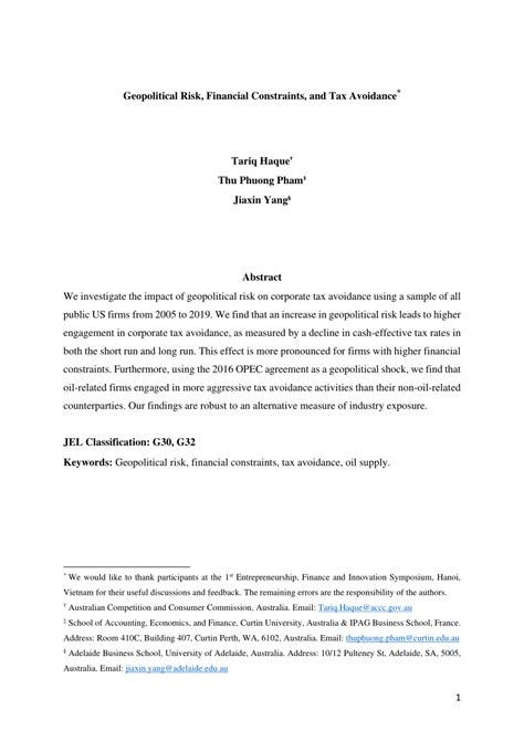 Pdf Geopolitical Risk Financial Constraints And Tax Avoidance