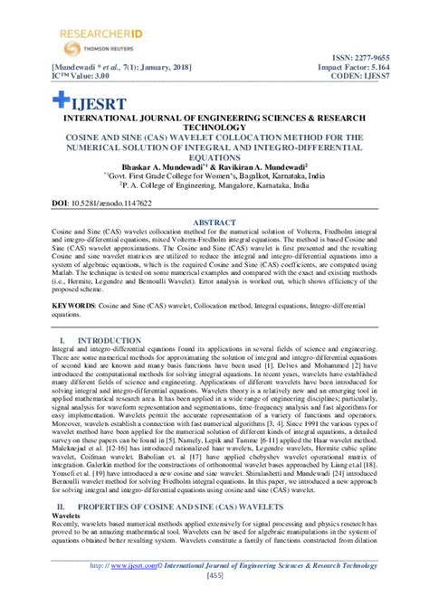 Pdf Cosine And Sine Cas Wavelet Collocation Method For The Numerical Solution Of Integral