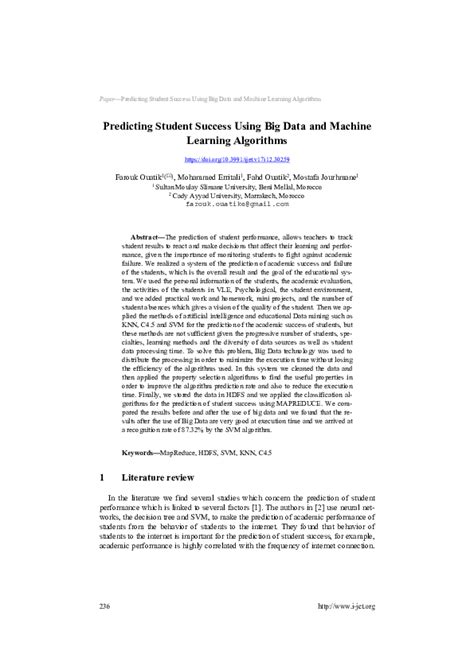 (PDF) Predicting Student Success Using Big Data and Machine Learning Algorithms