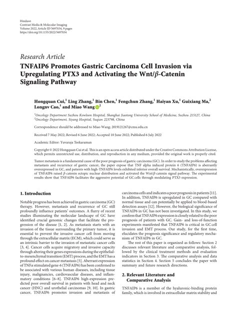 Pdf Tnfaip6 Promotes Gastric Carcinoma Cell Invasion Via Upregulating
