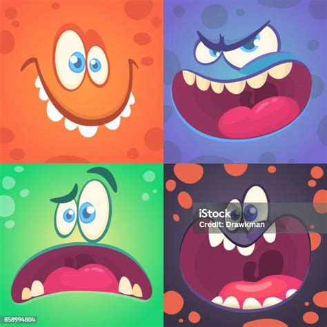 Kartun Monster Wajah Set Vector Mengatur Empat Wajah Monster Halloween