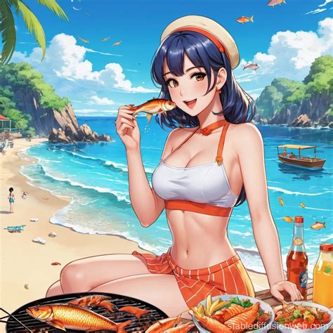 Pin Up Style Girl Fishing And Barbecuing At Beach Stable Diffusion Online