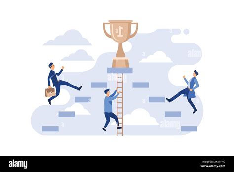 Three Businessmen Climb The Ladder To The Goal On The Trophy On Sky To