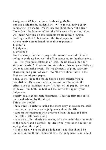 Assignment 2 Instructions Evaluating Mediafor This Assignment Docx