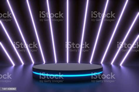 배경의 네온 블루 조명과 제품 무대 스튜디오의 고급스러운 빈 디스플레이 받침대 3d 연단 0명에 대한 스톡 사진 및 기타 이미지