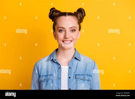 Closeup Photo Of Attractive Teen Lady Two Funny Buns Good Mood Toothy