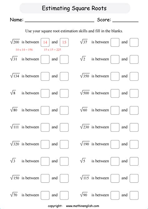 Square Root Estimation Worksheet
