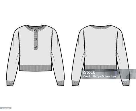 스웨터 크롭 헨리 넥 테크니컬 패션 일러스트와 긴 소매 릴렉스 핏 허리 길이 리브 니트 트리밍 0명에 대한 스톡 벡터 아트 및 기타 이미지 Istock