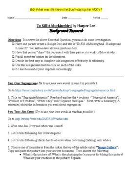 To Kill A Mockingbird Introduction Background Activity TpT