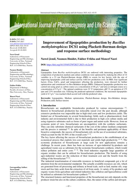 Pdf Improvement Of Lipopeptides Production By Bacillus Methylotrophicus Dcs1 Using Plackett
