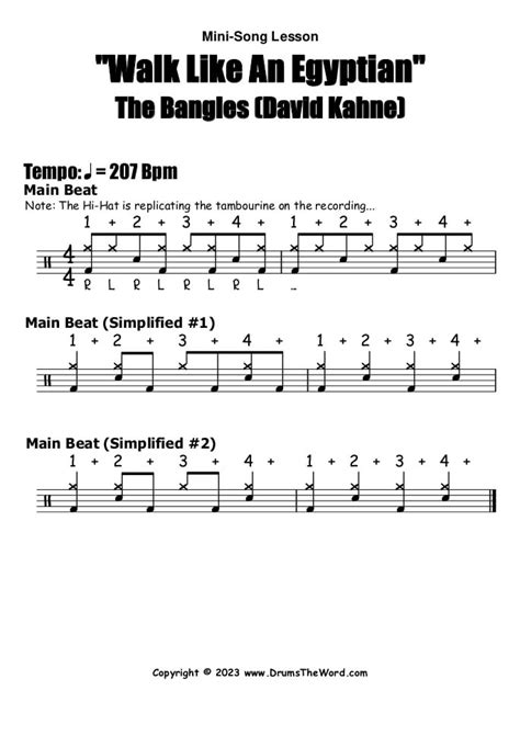 Drum Sheet Music Teaching The Main Beat From Walk Like An Egyptian By