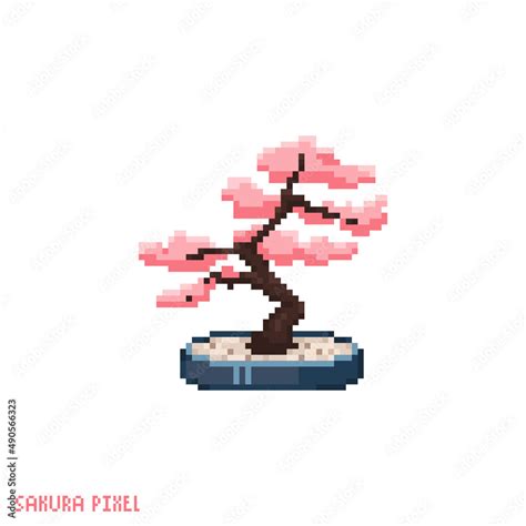 Pixel Art Bonsai Sakura Icon Vector 8 Bit Style Illustration Of Asian Cherry Blossom Bonsai