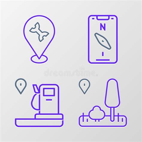 Set Line City Map Navigation Location And Gas Station Compass Mobile And Car Service Icon
