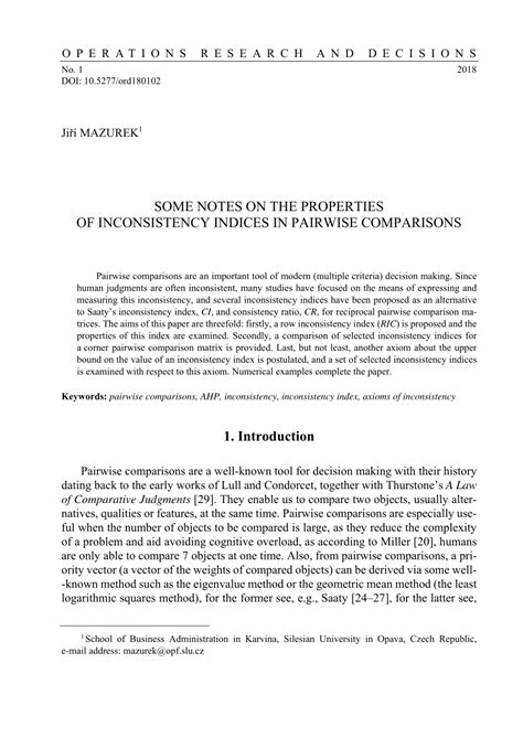 Pdf Some Notes On The Properties Of Inconsistency Indices In Pairwise Comparisons