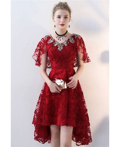 Burgundy Red Lace High Low Party Dress With Cape Sleeves Bls86032