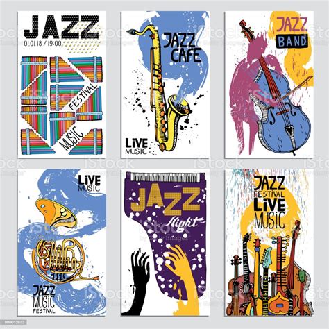 악기와 함께 재즈 축제 포스터입니다 다른 잉크 텍스처와 함께 손으로 그려진된 그림입니다 고전 양식에 대한 스톡 벡터 아트 및 기타 이미지 고전 양식 뮤직 페스티발