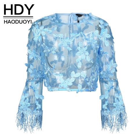 Hdy Haoduoyi Solid Color Sheer Tops Women Long Flare Sleeve O Neck Lace