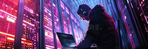 A Hacker Works Intensely On A Laptop Surrounded By Glowing Server Racks