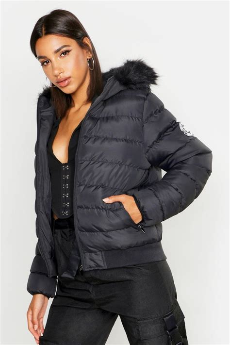 Womens Faux Fur Hooded Puffer Jacket Black 6 Jackets Jumpers