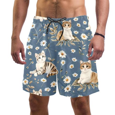 Mens Cats Daisies Swim Trunks Quick Dry Board Shorts Bathing Suits