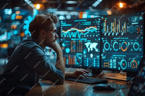 Premium Photo Data Analyst Working On Multiple Monitors Displaying