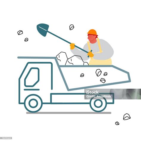 트럭에서 삽으로 석탄을 내리는 광부 채석장 운송 및 기술 추출 산업 석탄 광산 작업 장비 교통 및 기술 만화 평면 벡터 일러스트레이션 라인 아트 건설 기계류에 대한 스톡