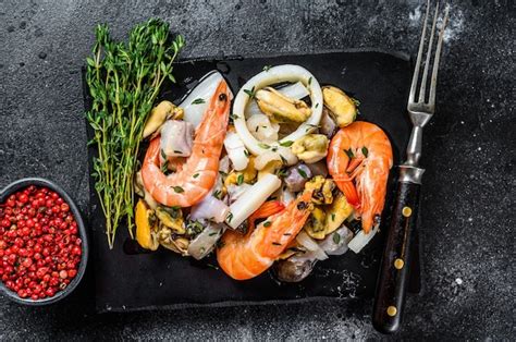 Premium Photo Raw Seafood Tiger Prawns Shrimps Blue Mussels