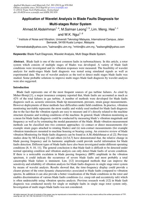 Pdf Application Of Wavelet Analysis In Blade Faults Diagnosis For Multi Stages Rotor System
