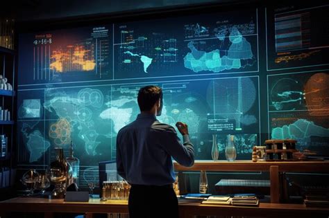 Premium Ai Image A Man Standing In Front Of A Big Futuristic Display Examining Data