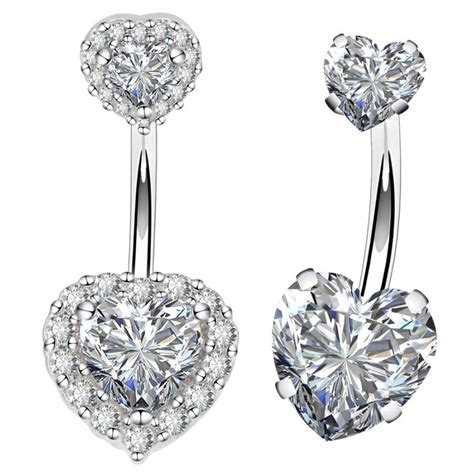 OUFER 2 PCS 14G Stainless Steel Belly Button Ring Heart Shape Cubic Zi
