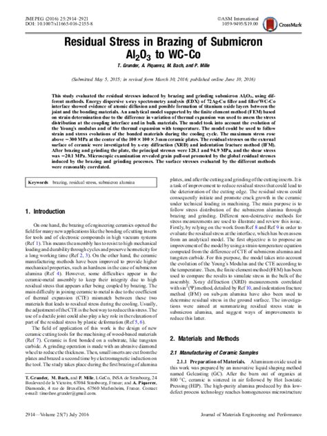 Pdf Residual Stress In Brazing Of Submicron Al2o3 To Wc Co Timothée