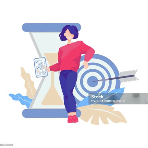 모래시계 근처에 서 있는 예쁜 여자 목표물 완성된 형태를 들고 있는 모습 가공의 인물에 대한 스톡 벡터 아트 및 기타 이미지