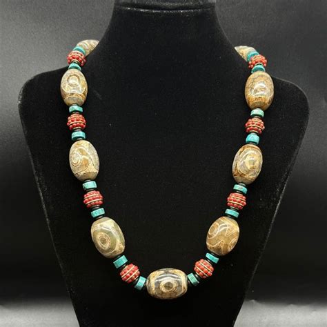 Gorgeous Old Himalayan Multiple 3 Eye Dzi Beads Neckl Gem