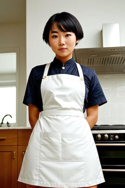 Premium Ai Image A Woman In A Kitchen Wearing An Apron Stands In