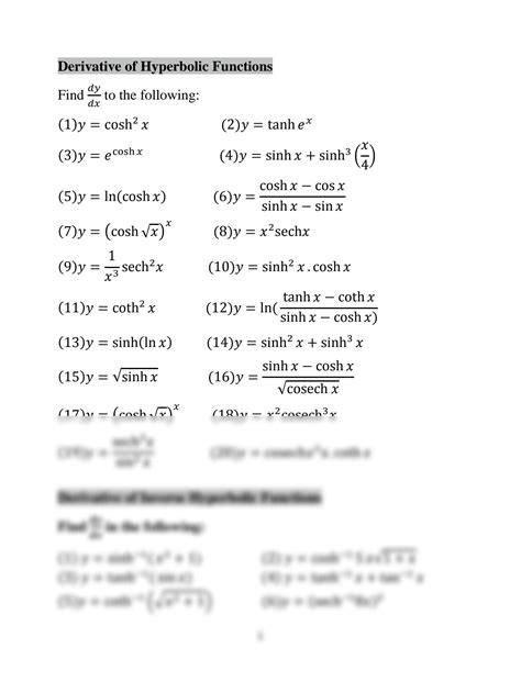 SOLUTION Derivative Of Hyperbolic Functions Sheet Studypool
