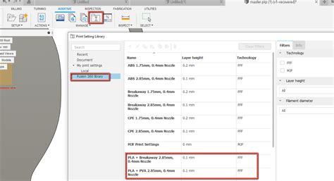 Fusion 360的 打印”设置库中缺少增材pla材料