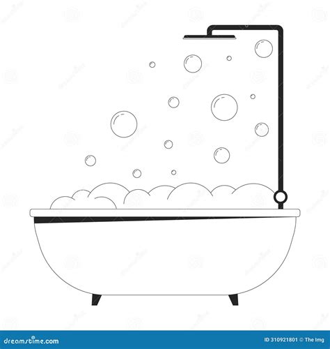 Bathtub Bubble Bath Shower Black And White 2D Line Cartoon Object Stock