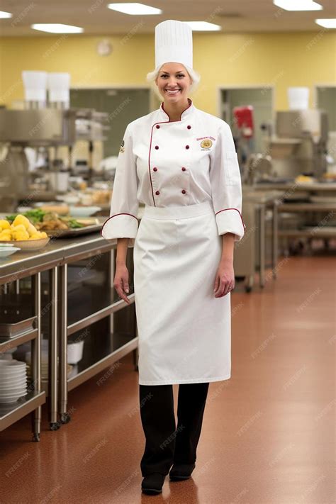 Premium Photo A Woman In A Chefs Uniform Stands In A Kitchen With A Pan Of Food