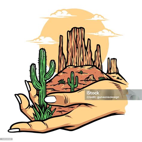 사막과 손 벡터 일러스트 레이 션 선인장에 대한 스톡 벡터 아트 및 기타 이미지 선인장 손 개척시대의 서부 Istock