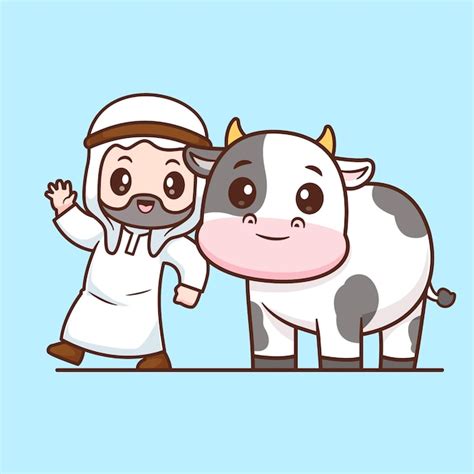 Lindo hombre musulmán con vaca cartoon vector icono ilustración